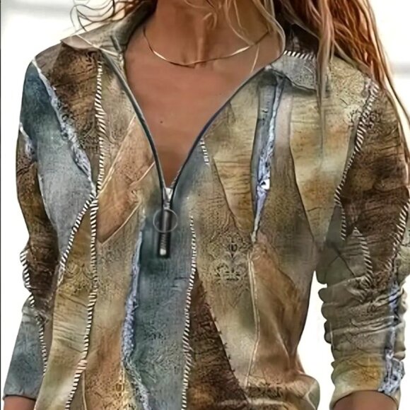 Tops | Womens Geometric Pattern Long Sleeve Zip Up Tshirt Dark Gray ...